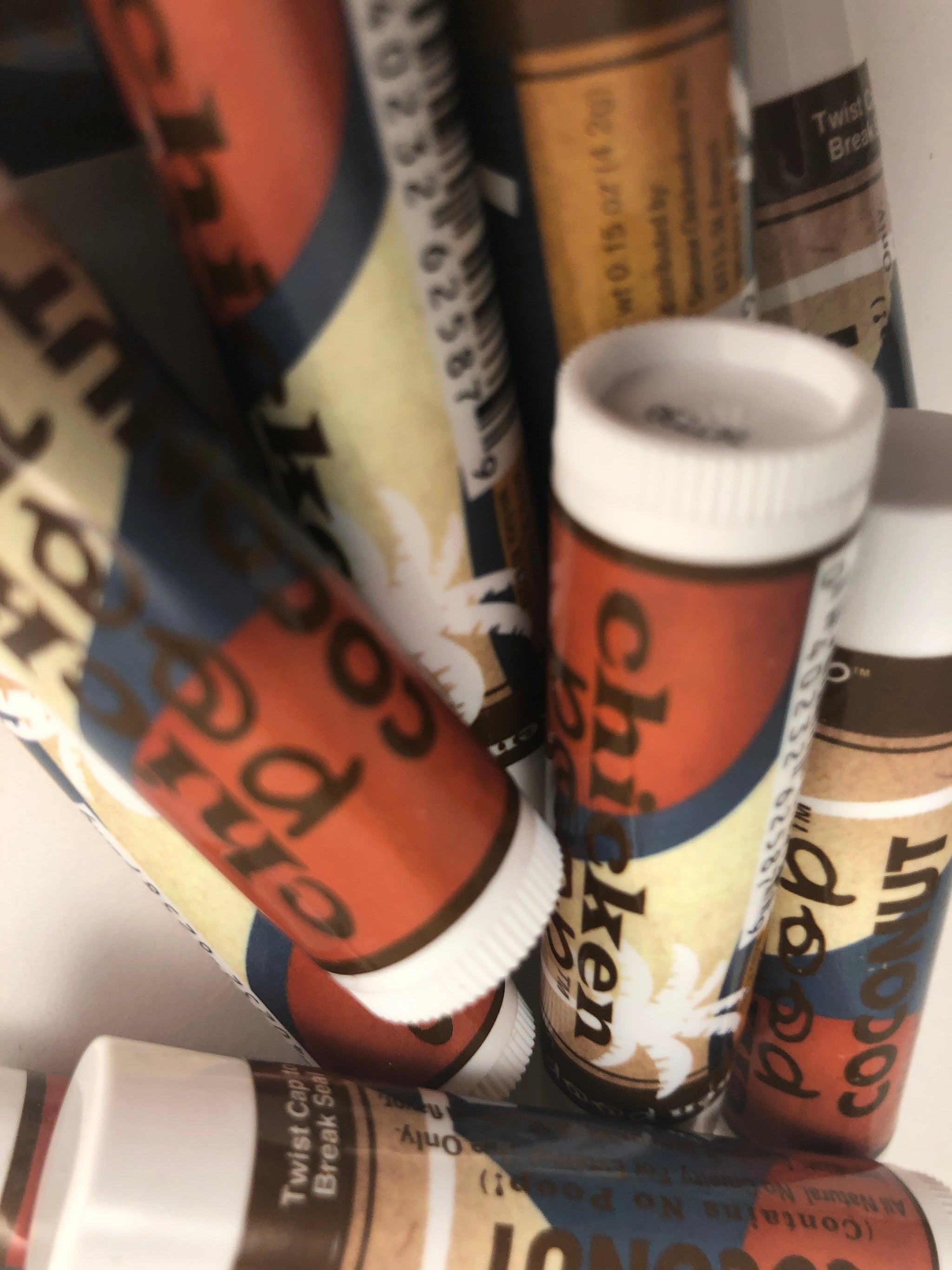 Pile of ChickenPoop COCONUT Lip Junk 5 tubes – Chicken Poop Lip Junk